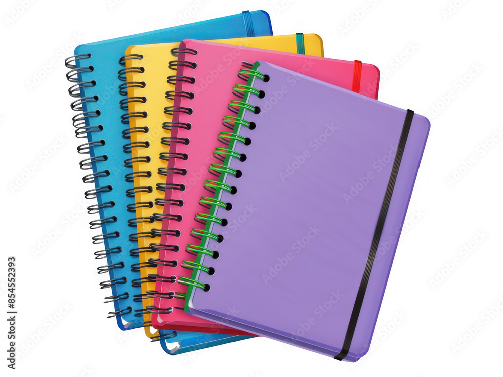 Colorful spiral-bound notebooks stacked in overlapping arrangement on a ... Colorful spiral-bound notebooks stacked in overlapping arrangement on a ...
