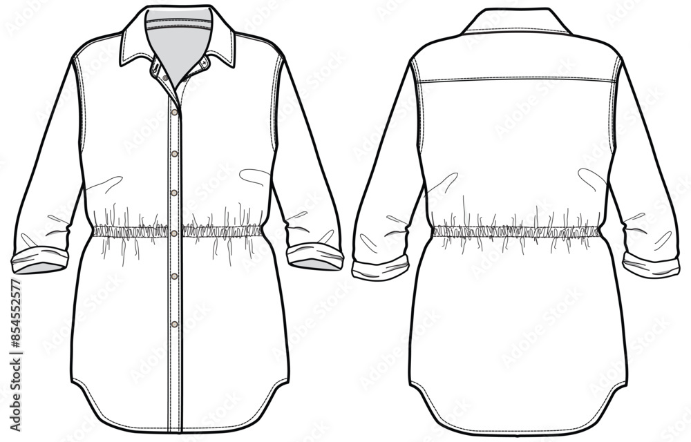 Women woven shirt tunic dress design with pocket flat sketch fashion ...