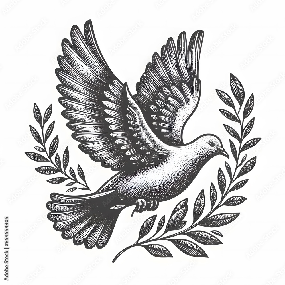 Dove in flight, carrying an olive branch, symbolizing peace and harmony ...
