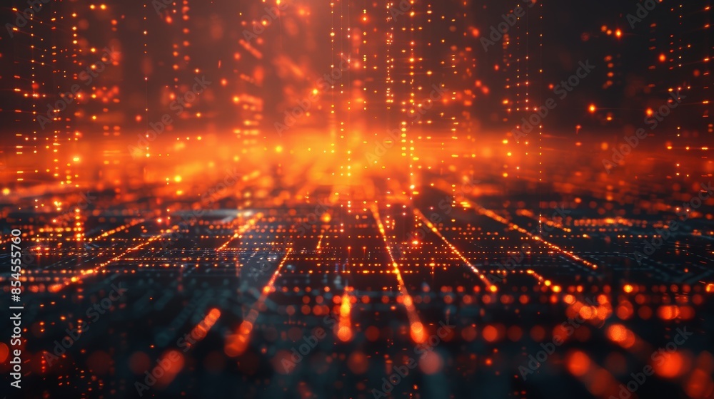 A 3D visualization of a digital grid network, with nodes pulsating with data and lines ...