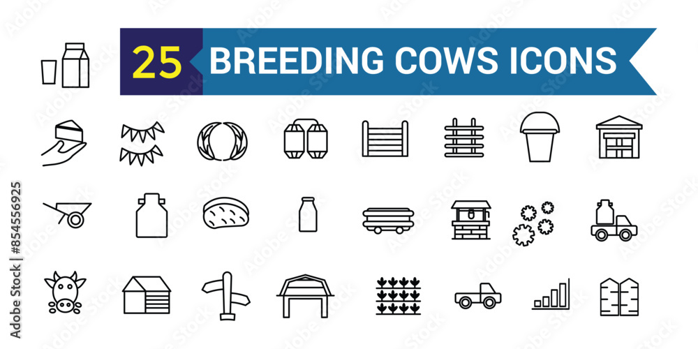 Breeding cows icons set outline vector. Dairy milk. Eat farm. Outline ...