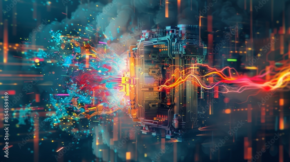 An artistic rendering of a transformer with colorful electrical arcs ...