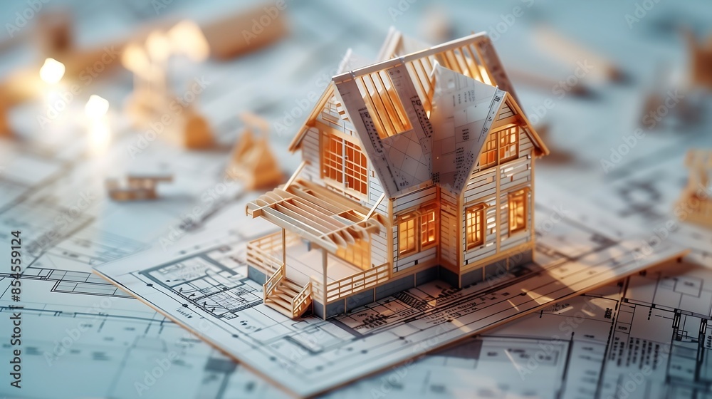 architectural project papers laid out neatly, showing floor plans, 3D ...