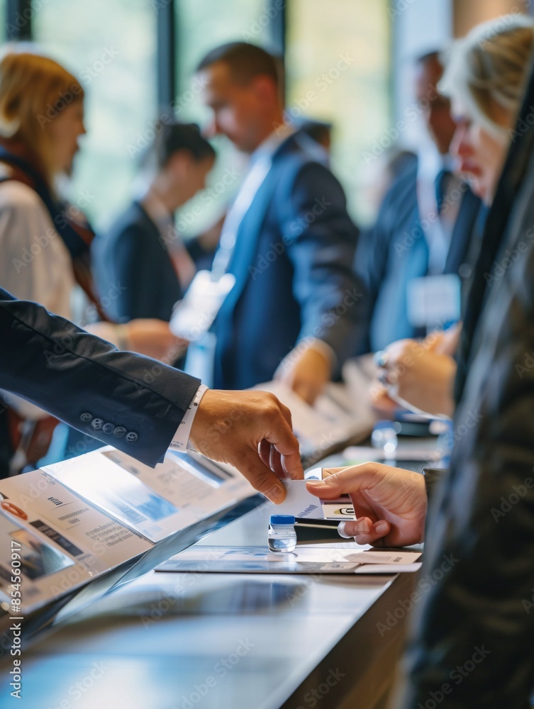 The registration process for a conference or event, where visitors and ...