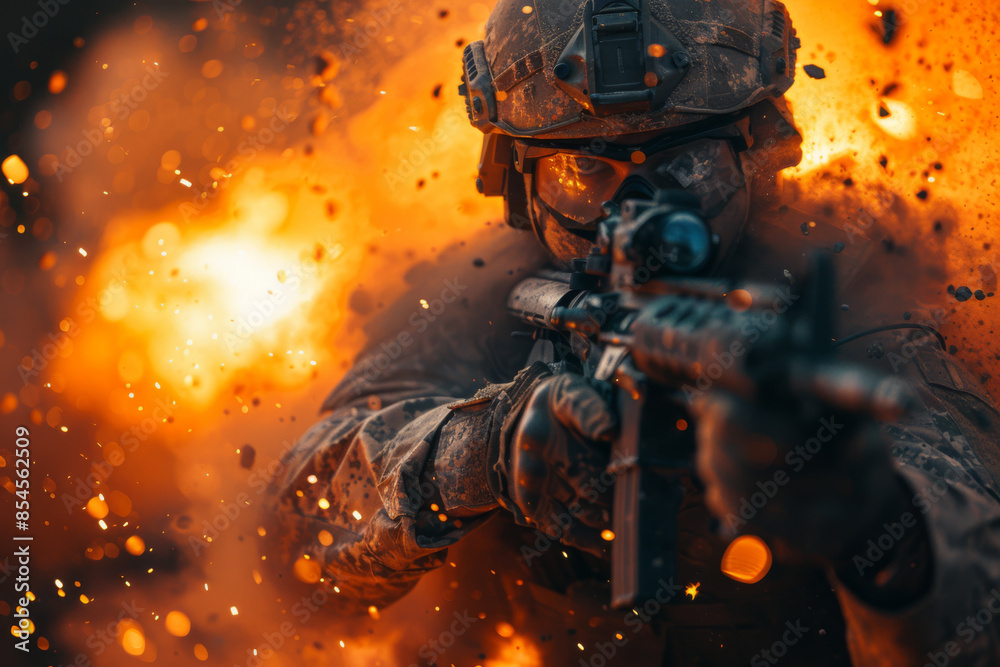 A fighter shoots in battle. Hostilities. A modern soldier in a helmet ...