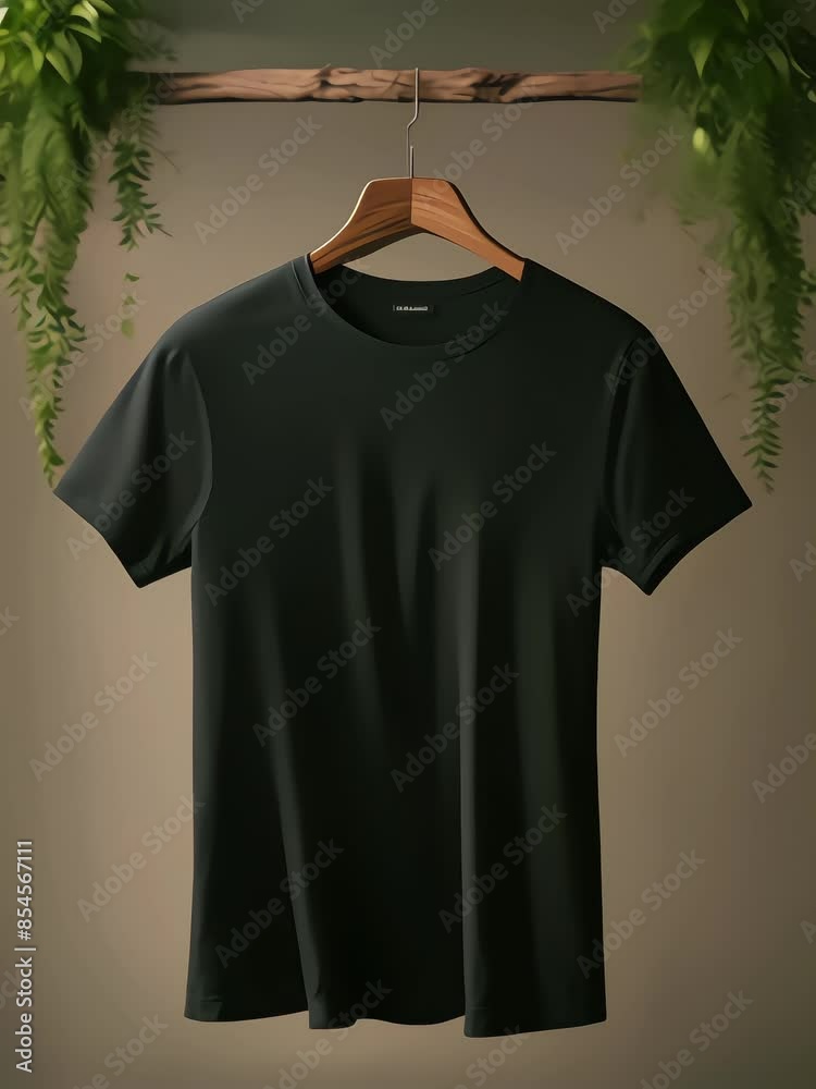 presentation of a mockup of a plain black t-shirt hanging, with front ...