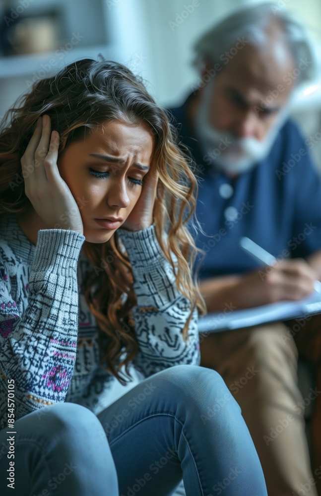 Middle aged woman crying on the sofa during therapy, holding head, with ...