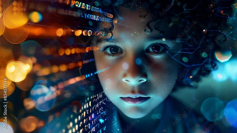 Portrait child with digital code overlay, ai learning, data and ...