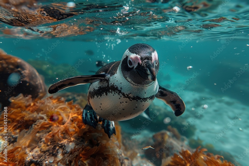 A Galapagos penguin swimming swiftly in crystal-clear waters, its small ...