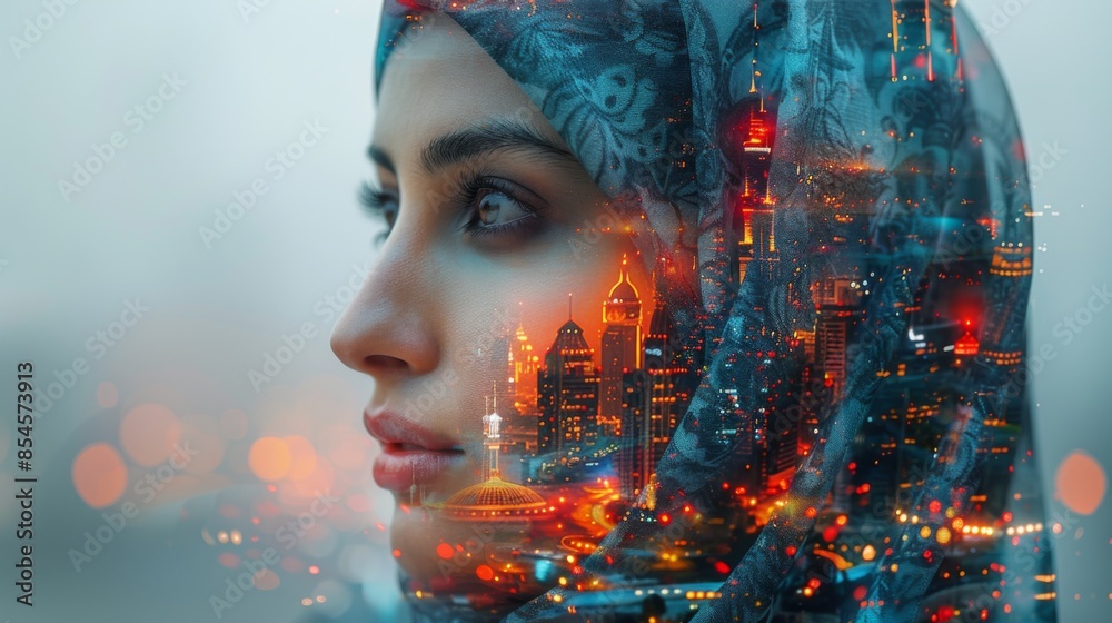 double exposure photography. arabic face in abaya shaped by buildings ...