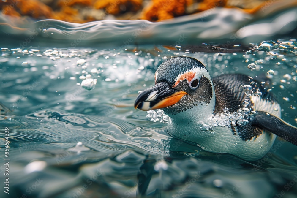 A Galapagos penguin swimming swiftly in crystal-clear waters, its small ...