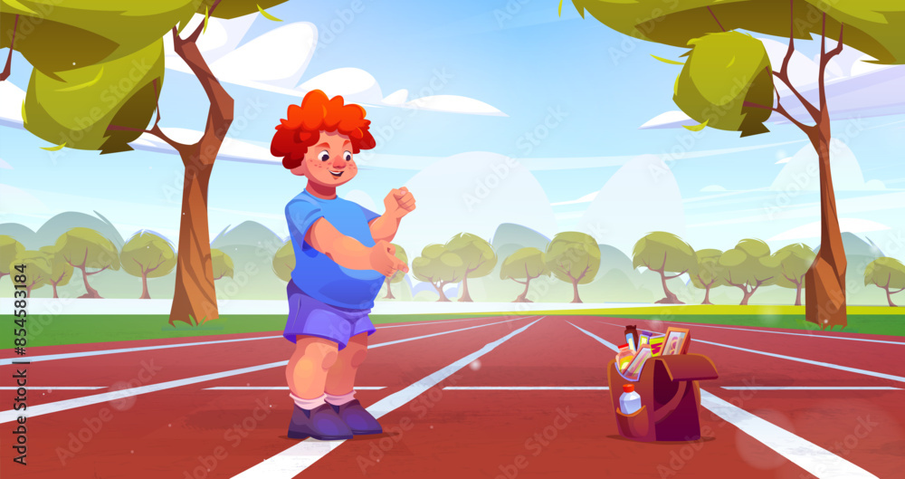 Fat boy on run track eat junk food cartoon vector. Overweight kid ...