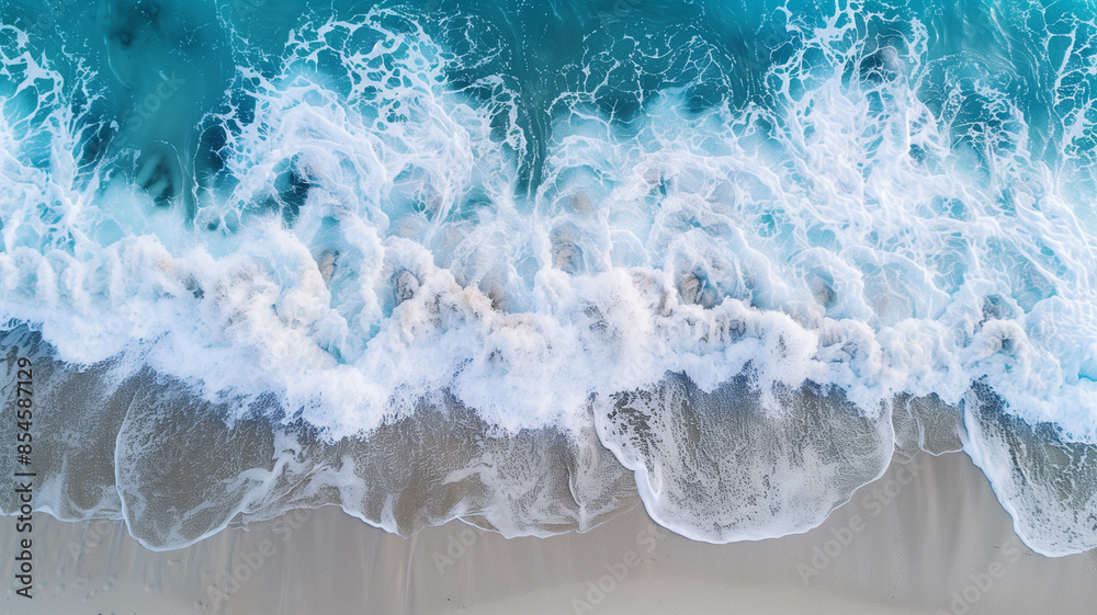 blue ocean waves washing up on a sun-kissed beach, captured from a ...