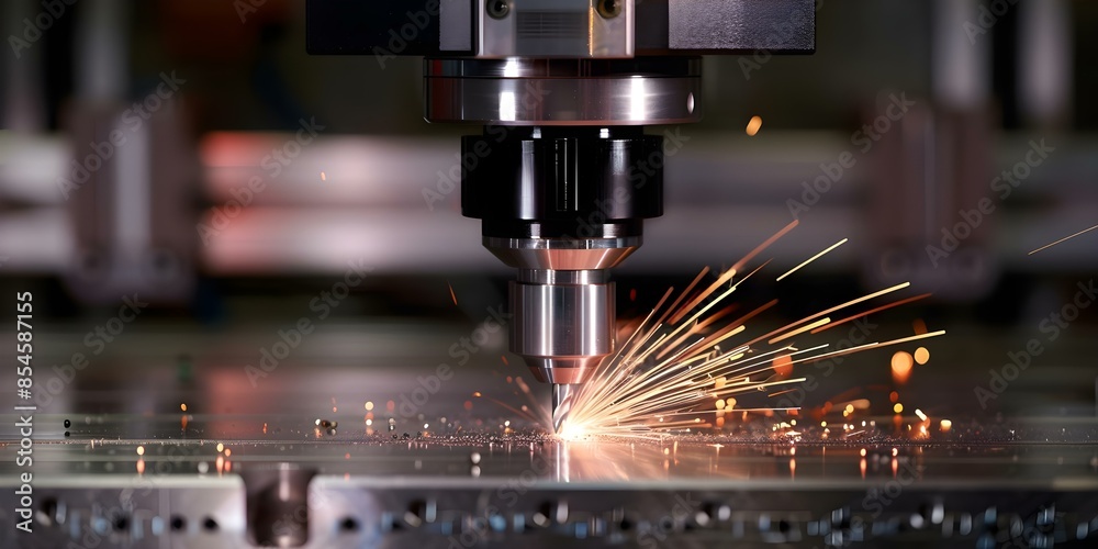 Sparking metal part in CNC milling machine during manufacturing process ...