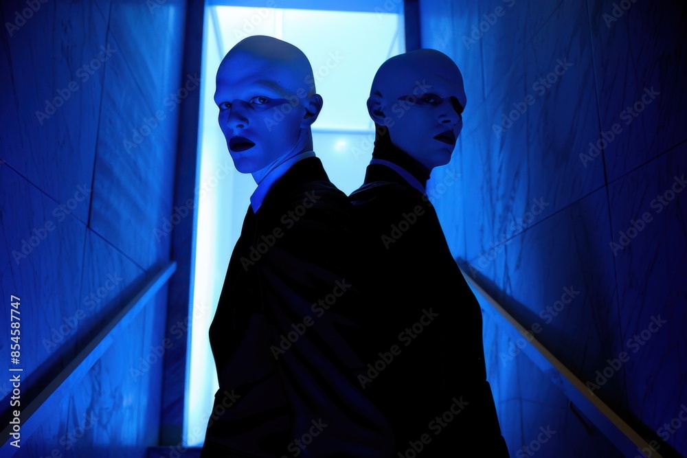 Two futuristic figures in suits stand back to back in a modern blue-lit ...