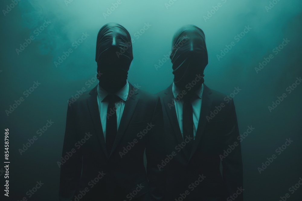 Two masked men in suits stand side by side, enveloped in eerie lighting ...