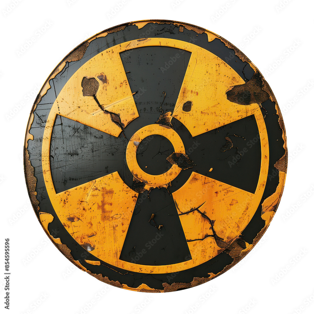 Rusted radioactive warning sign on a yellow background, depicting a ...