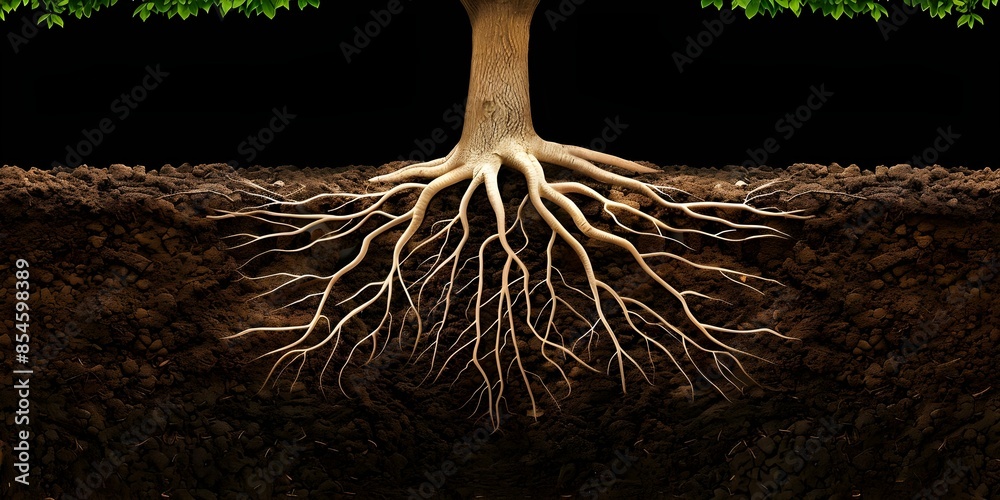 Tree roots absorb water from soil through a deep root system. Concept ...