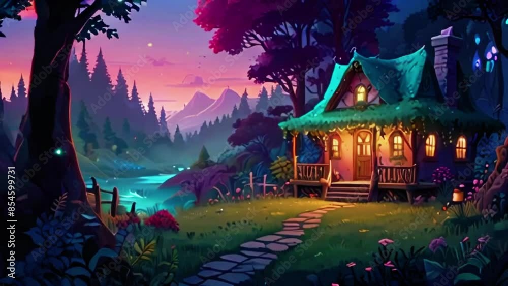 A quaint cottage in a magical forest, surrounded by fairies and ...