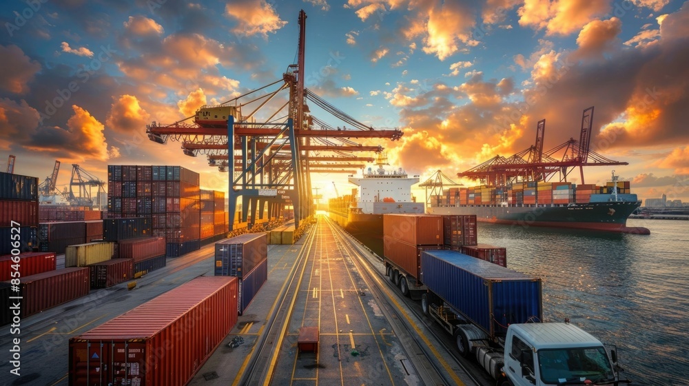 Aerial view of a container ship docked at a bustling port with large ...