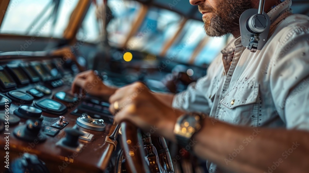 Close up shot of a ship s captain navigating through tumultuous high ...