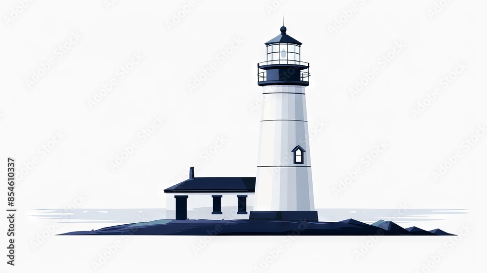 Minimalist illustration of a lighthouse on a coastal rock with attached ...