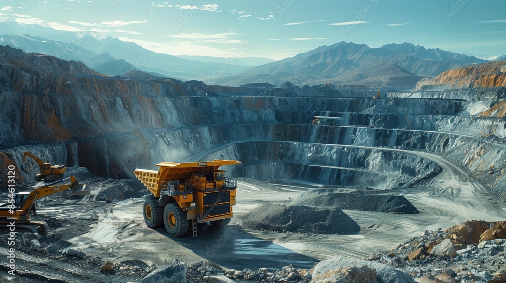 Massive open-pit mine with vehicles. Massive open-pit mine featuring ...