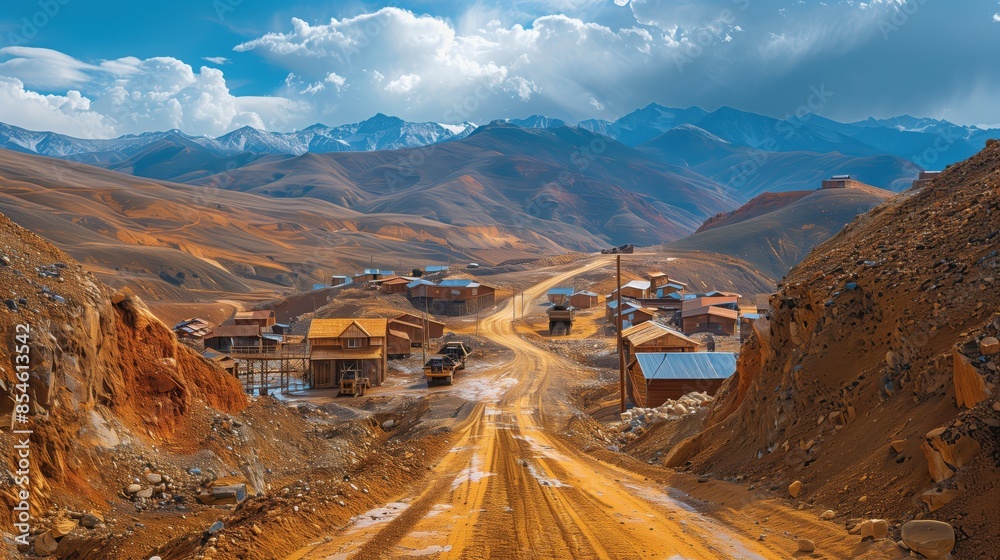 Mountain mining village with dirt roads. Mountain mining village with ...
