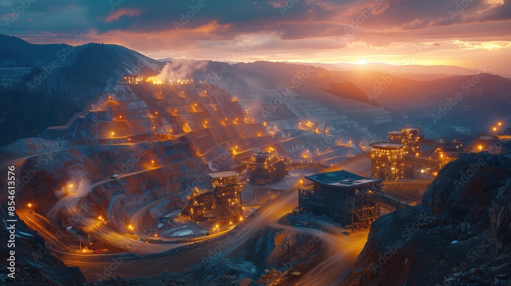 Illuminated open-pit mine at twilight. Illuminated open-pit mine at ...