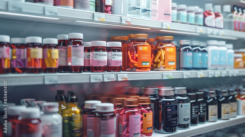 Variety of Medicines on Pharmacy Shelves. Well-stocked pharmacy shelf ...