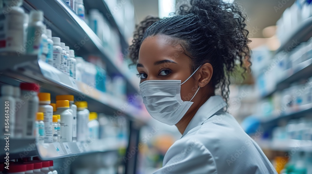 Pharmacist Wearing Mask in Pharmacy Aisle. Female pharmacist wearing a ...