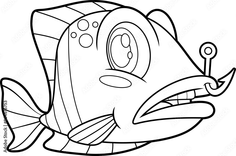 Outlined Cute Fish Cartoon Character With Fishing Hook In Mouth. Vector ...