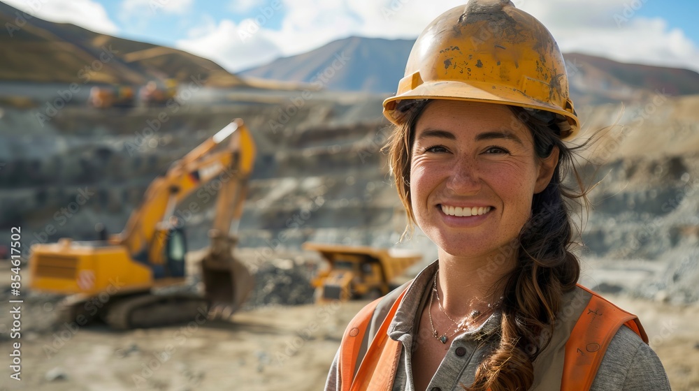 Smiling female construction worker wearing a hard hat and safety vest ...