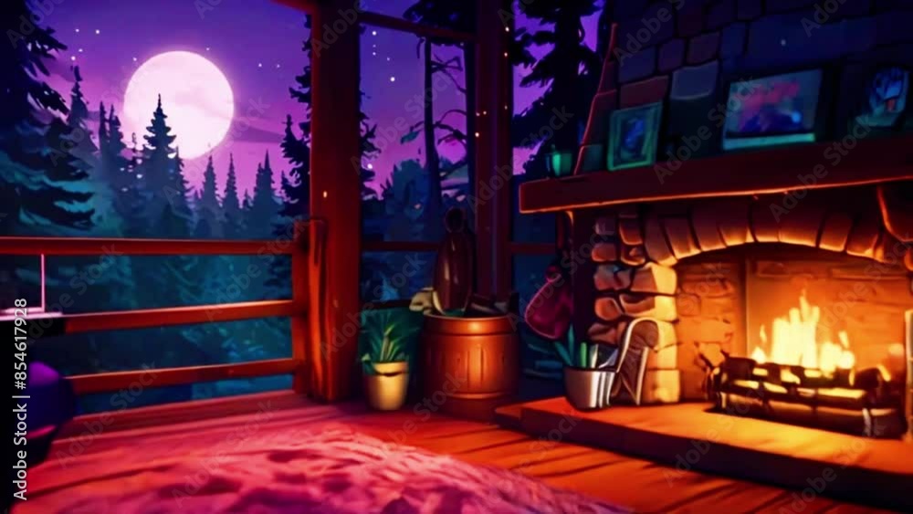 A cabin in the woods, soft moonlight filtering through the trees ...