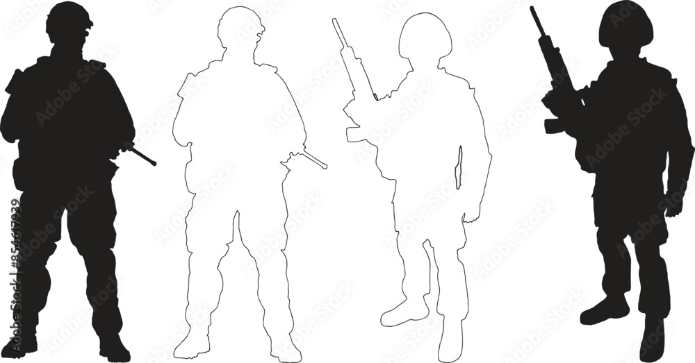 Soldier or army with gun silhouettes vector۔ soldier shape outline ...