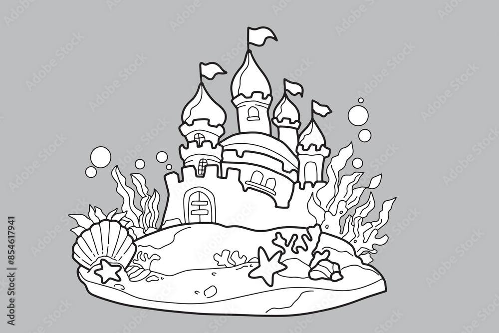 Underwater castle, underwater sea, bastion, nest, sea line drawing ...