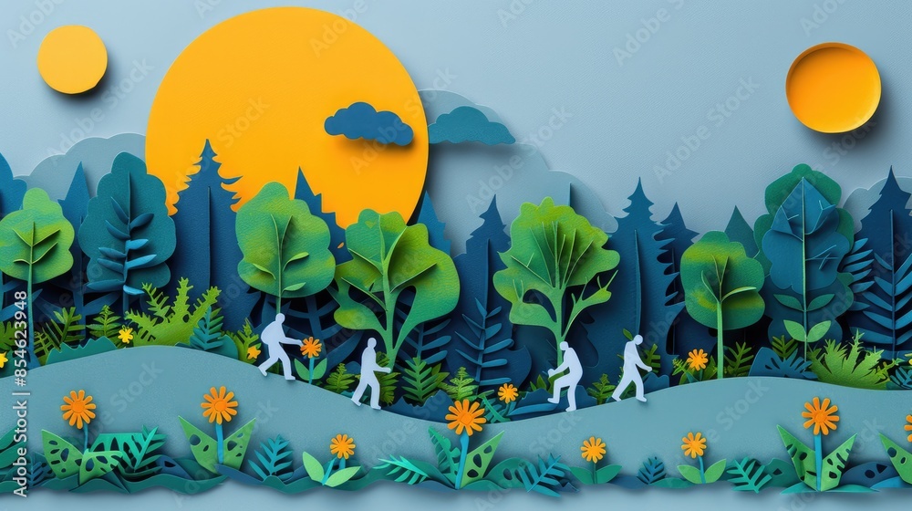 Paper cutout art style scene of a forest reforestation project with ...