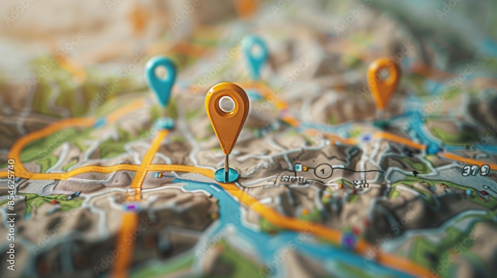 Location marking on a map with routes. Adventure, discovery, navigation ...