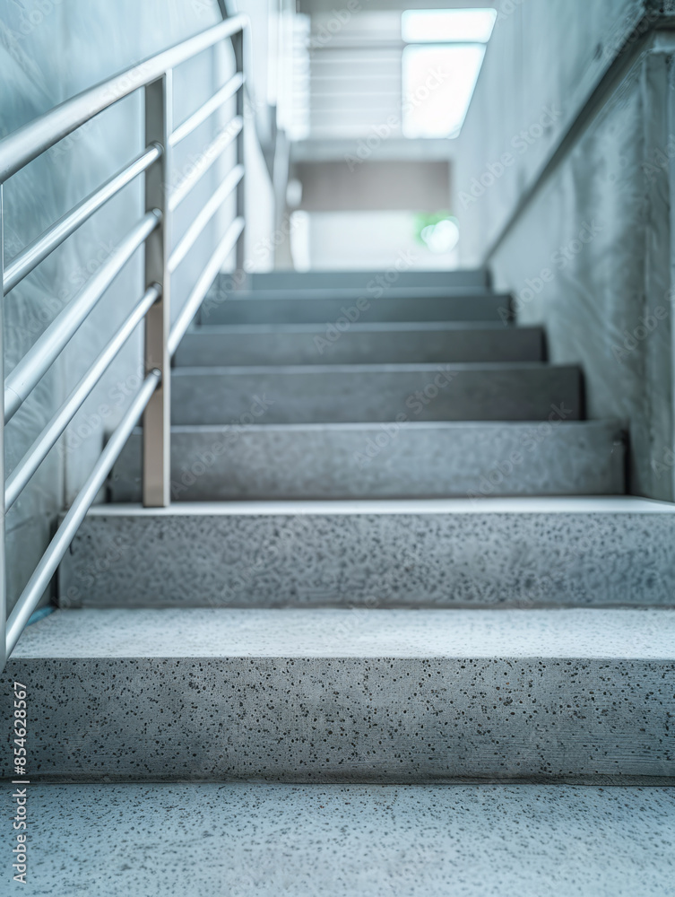 Indoor concrete staircase with metal railing in a modern building ...