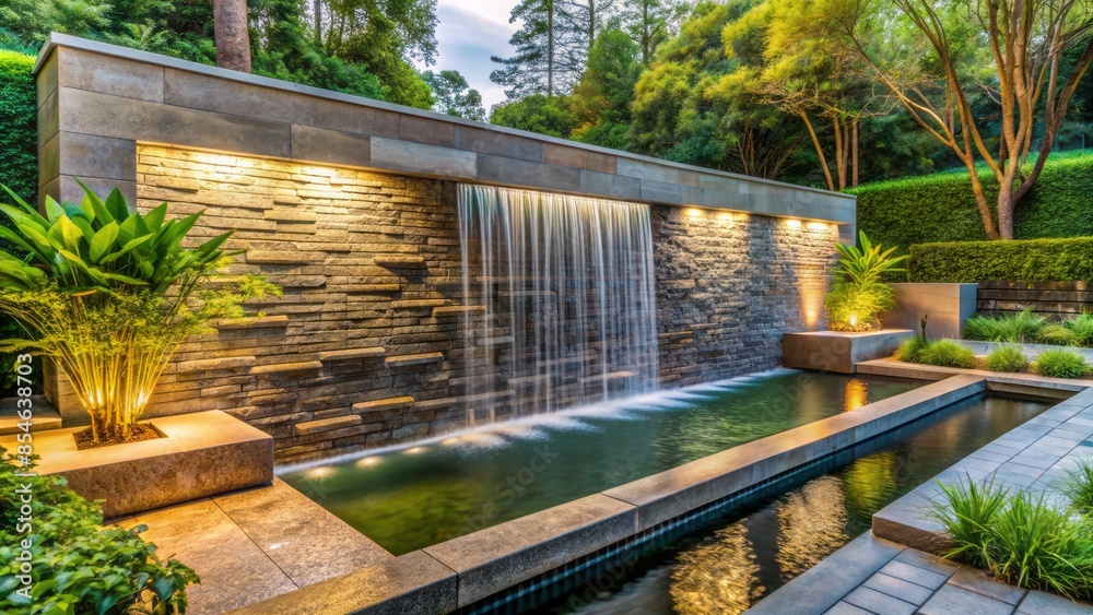 Sleek modern outdoor water feature with wide waterfall cascading down a ...