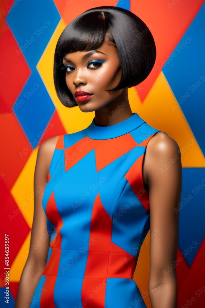 Foto de Black supermodel woman with a sleek bob haircut wears a '60s ...
