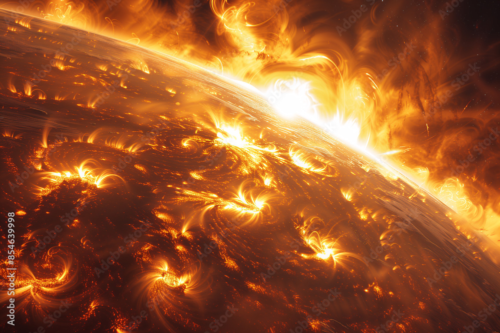 Detailed image of solar radiation emitting from the sun, with visible ...