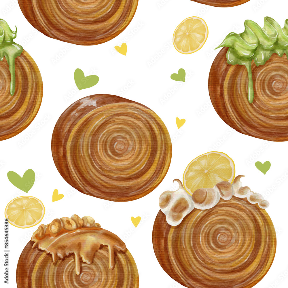 Seamless pattern of croissant supreme or timber ring in watercolor ...