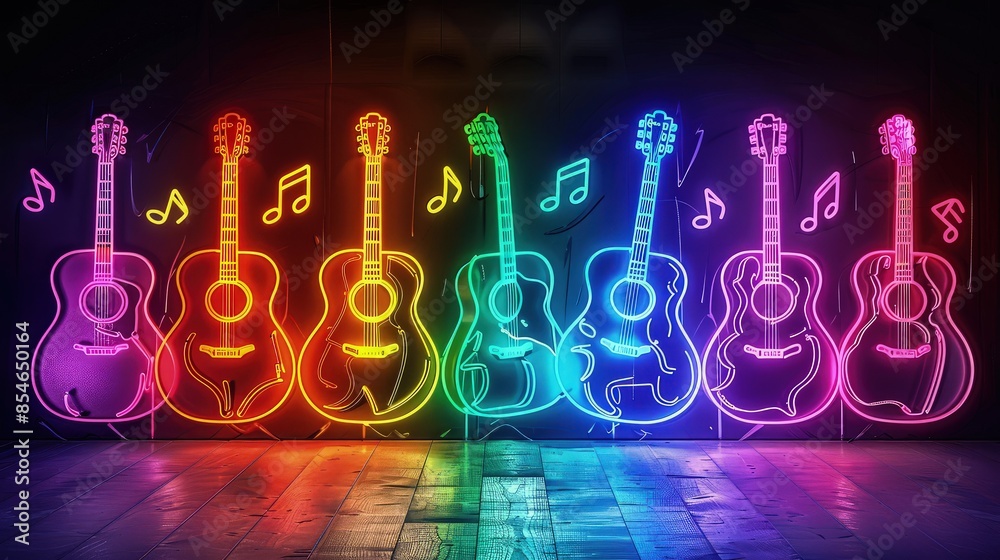 An artistic neon sign featuring a series of guitars in a spectrum of ...