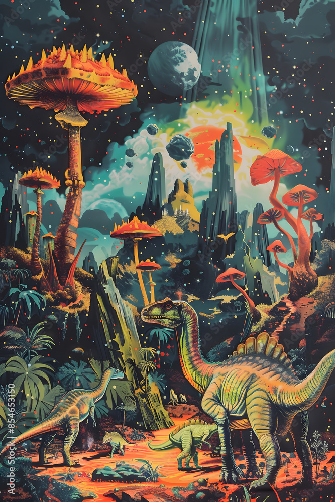 dinosaurs watching the asteroid that will hit the earth. the asteroid ...