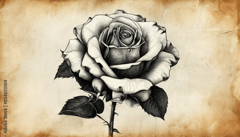 old rose drawing on old paper, black and white wallpaper Stock ...
