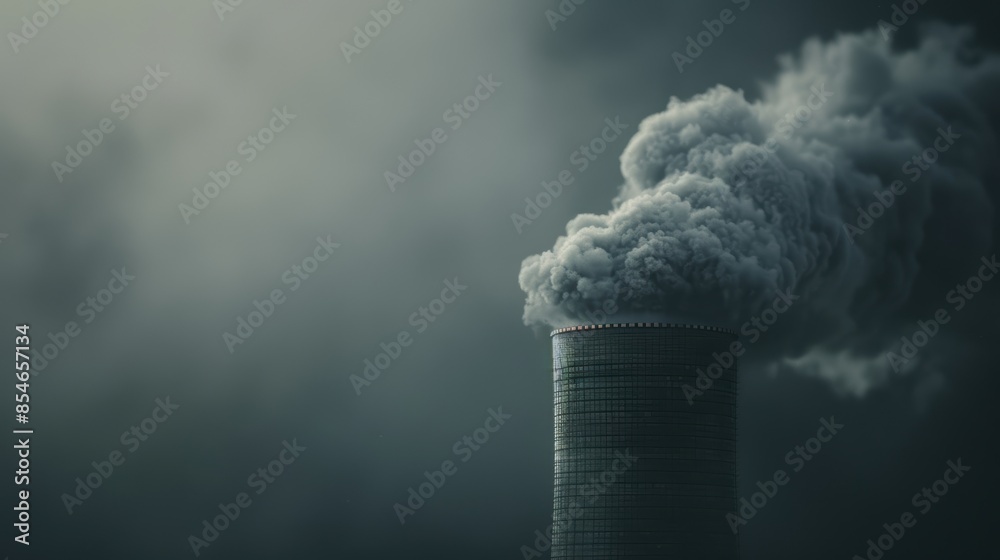 Industrial smokestack emitting thick smoke into the atmosphere on a ...