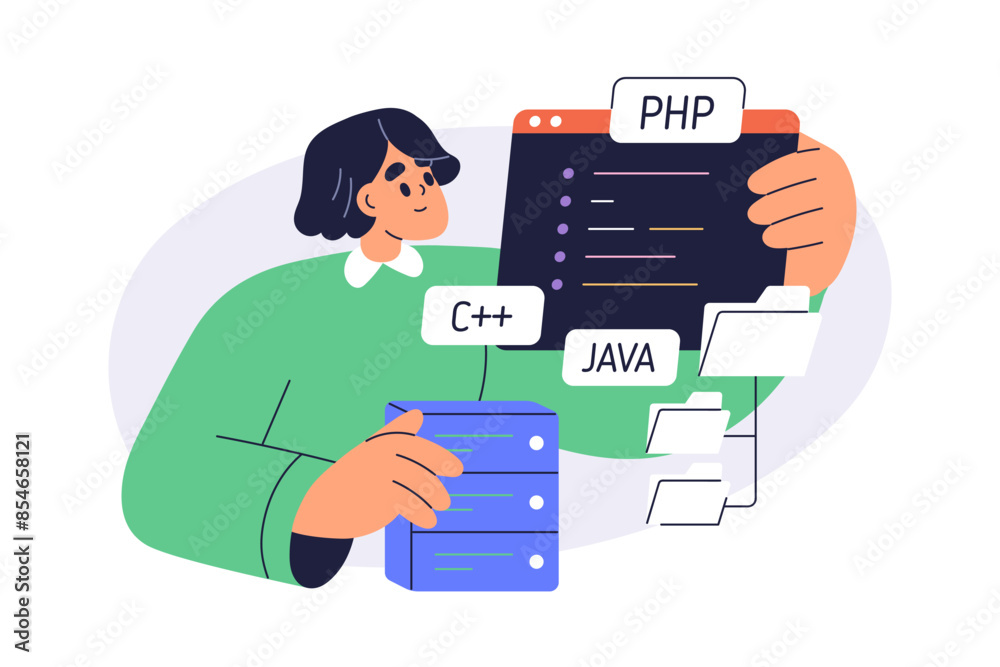 Coding, programming, back-end development concept. Software engineer working with different ...