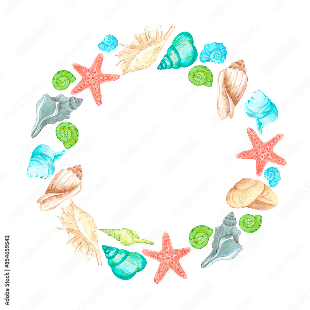 Hand drawn watercolor seashells wreath frame border isolated on white ...