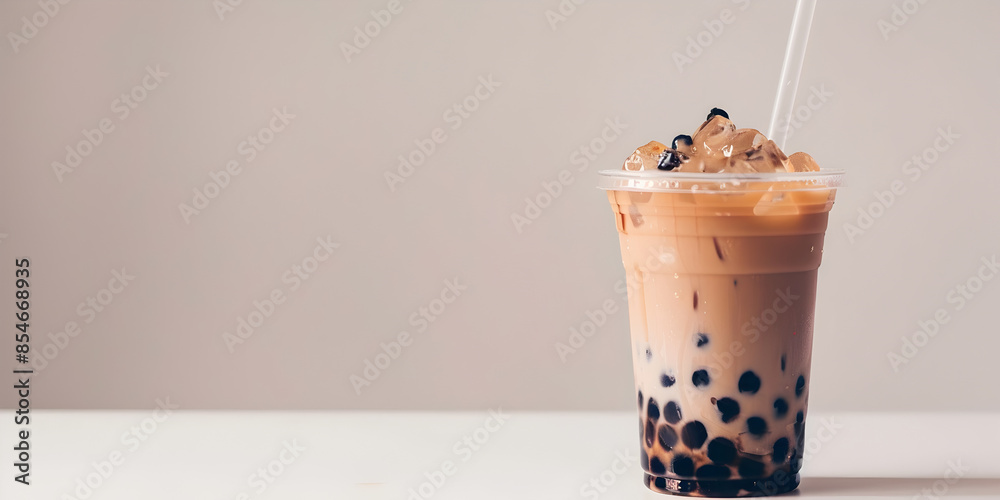 Bubble tea, also known as pearl milk tea, bubble milk tea cup with dark ...
